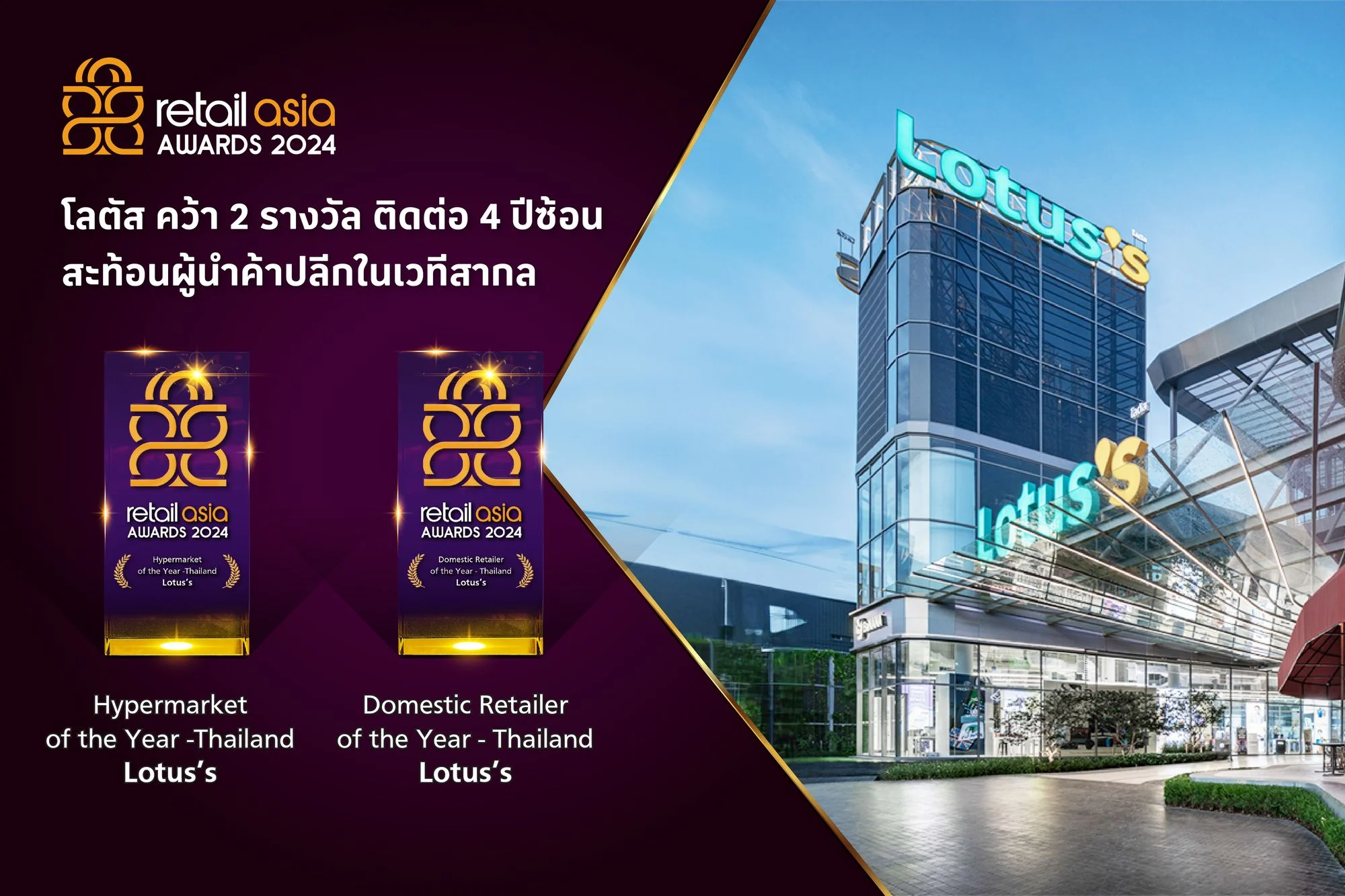 “โลตัส” คว้า 2 รางวัลเวที Retail Asia Awards 2024 ต่อเนื่องปีที่ 4 ตอก ...